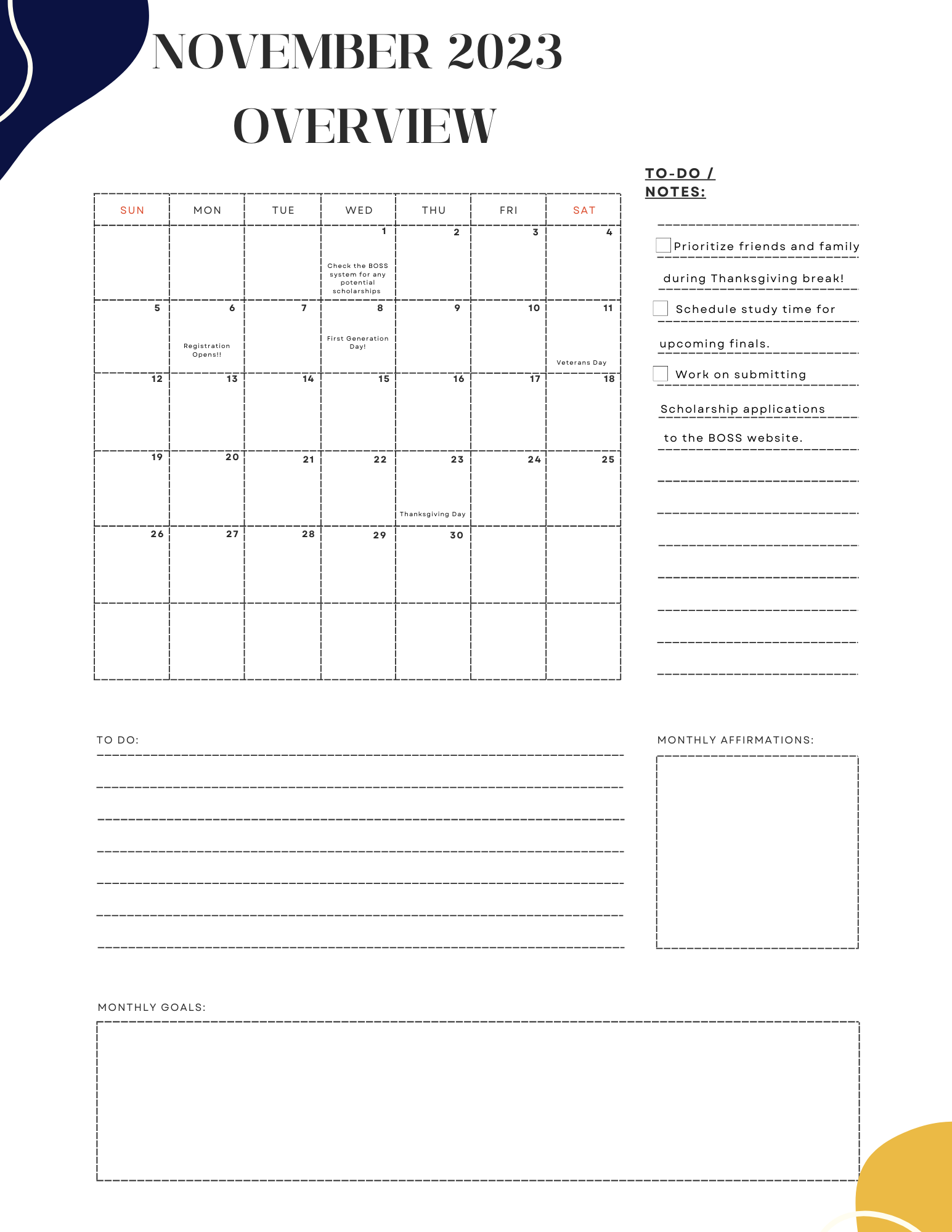 Month at a Glance – First Generation Student Handbook